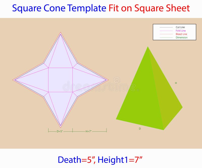 Square Cone 5x7 Inch Dieline Template Stock Vector - Illustration of ...