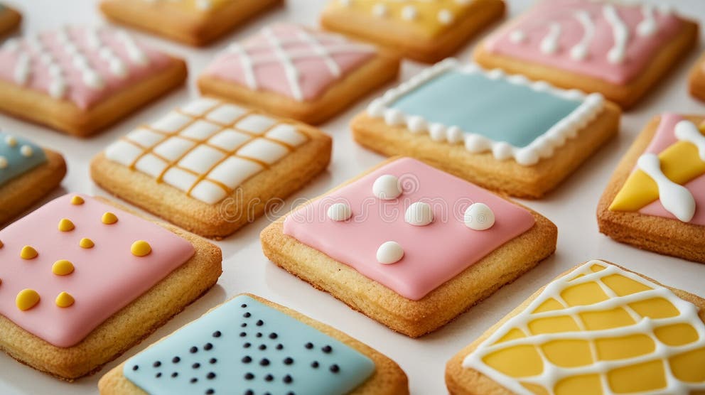 Square Cookies with Pastel Icing in Neat Rows. Stock Photo - Image of ...