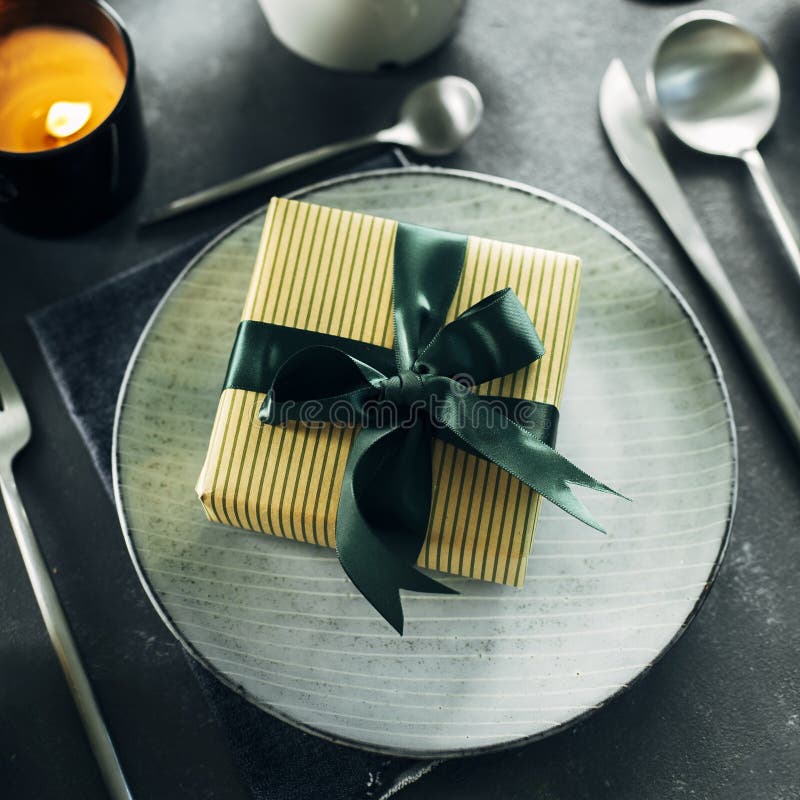 Square Crop Image. Table Setting for Holiday. Gift Present on Plate and ...