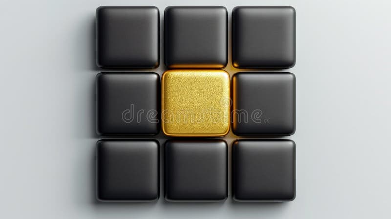 Square of 9 Cubes with One Gold Cube at the Center, Surrounded by Black ...