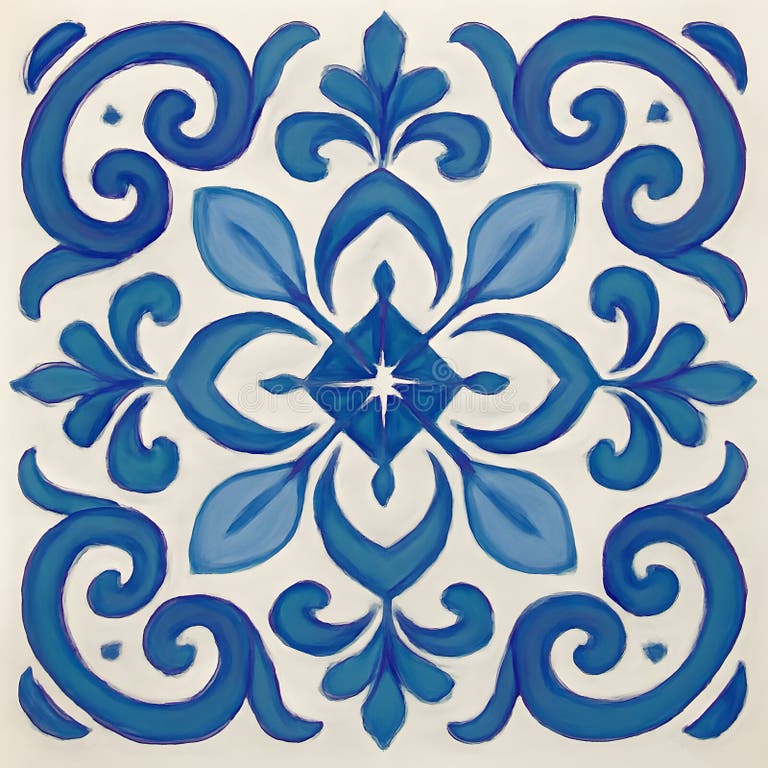 Square Decorative Tile with a Symmetrical Blue Floral and Scroll ...