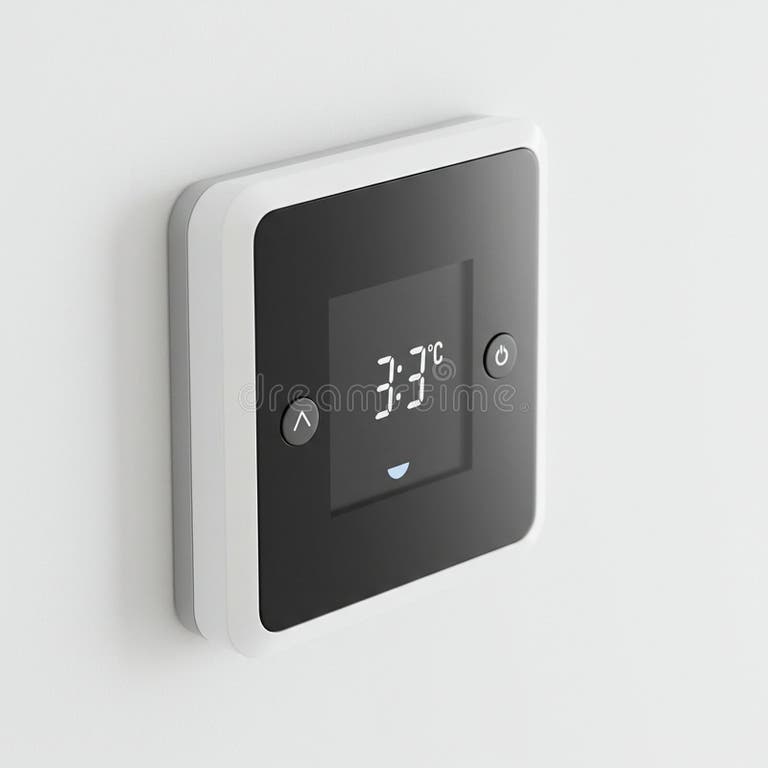Square Digital Thermostat Mounted on a Light-colored Wall Displaying 23 ...
