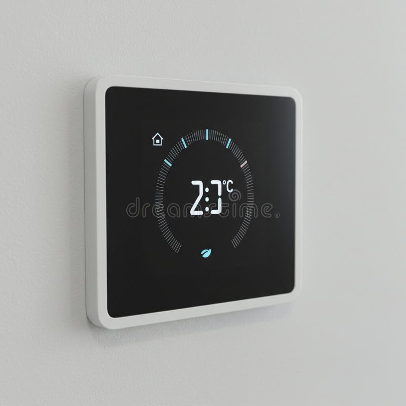 Square Digital Thermostat Mounted on a Wall, Displaying a Temperature ...