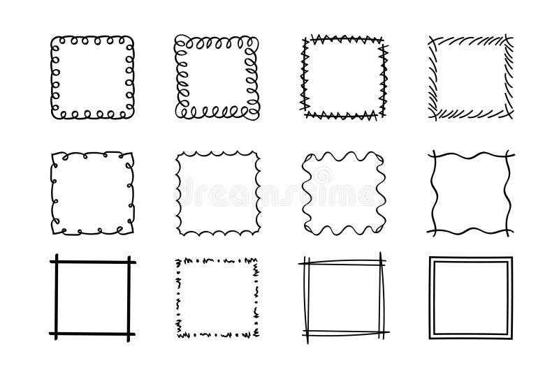Square Doodle Frames ,hand-drawn Monograms.Edgings and Cadres with Simple Sketchy Design ...