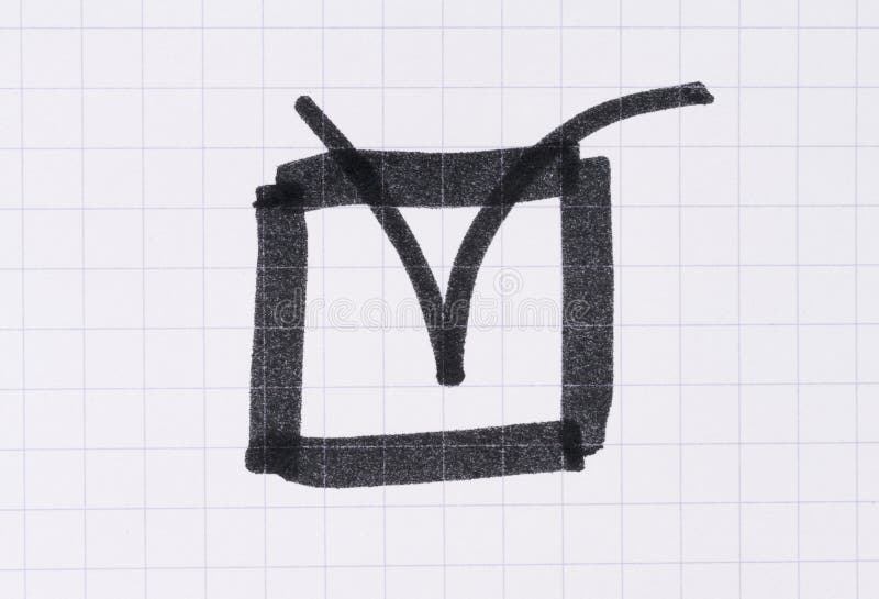 A Square Drawn with a Black Marker and a Checkmark on a Checkered Sheet ...