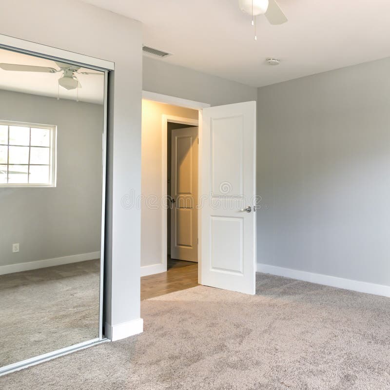 Square Empty Bedroom with Open Door Clean Inside Stock Image - Image of ...