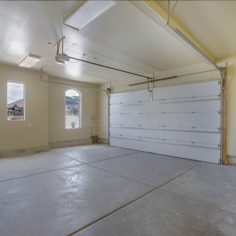 Square Empty Garage with White Doors As Well As Arched and Rectangular ...