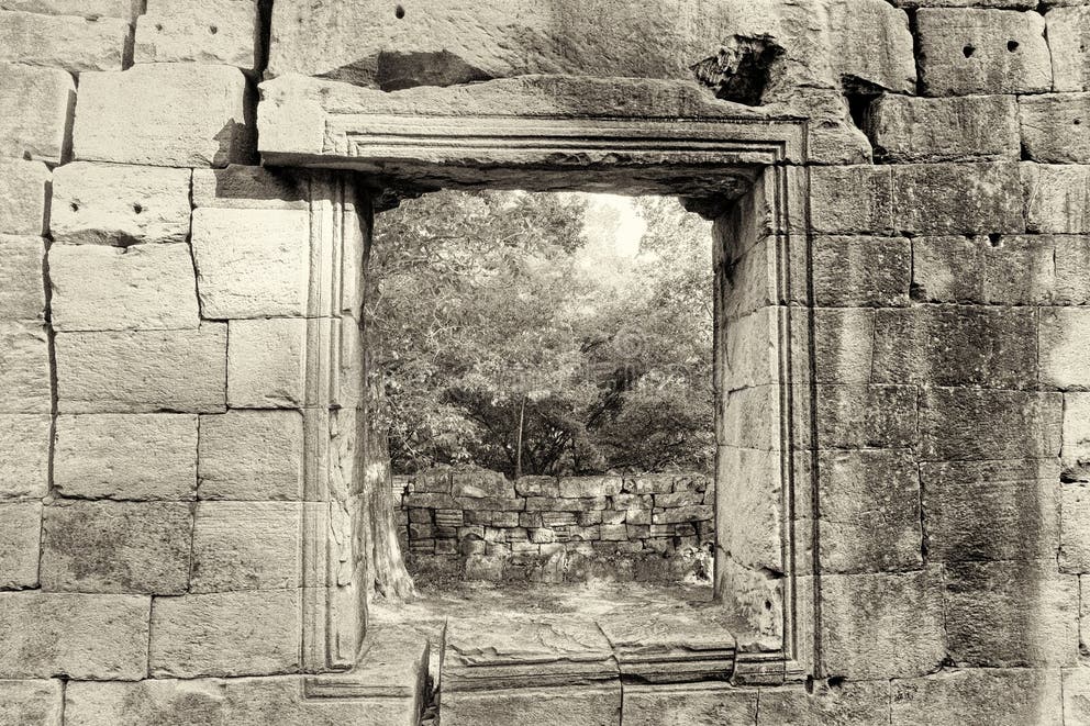 A Square Empty Window in an Old Stone Wall. Black and White Image Stock ...