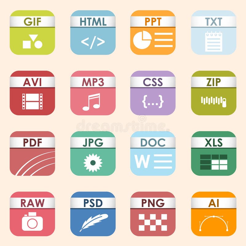 Square File Types and Formats Labels Icon Set. File Type Format Icons ...
