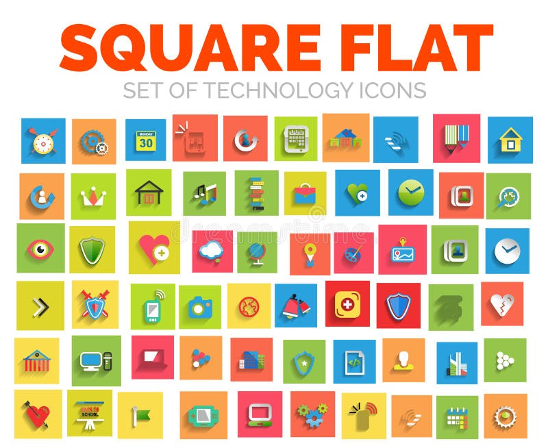Square Flat Technology Web Icon Set Stock Vector - Illustration of ...