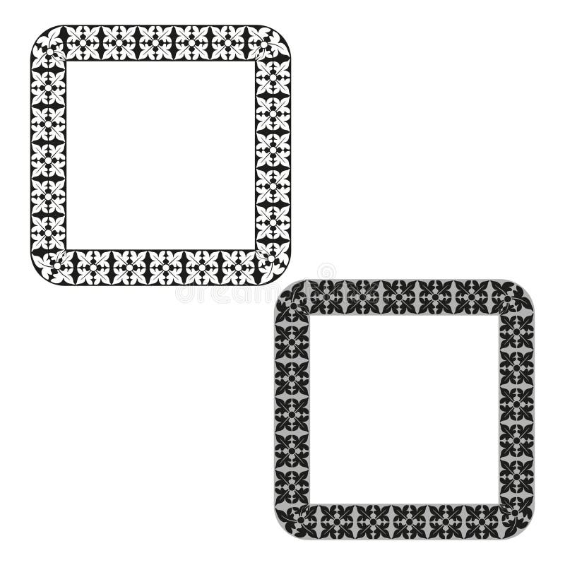 Square Floral Frame. Ornamental Decorative Border. Black and White Element. Vector Symmetric ...