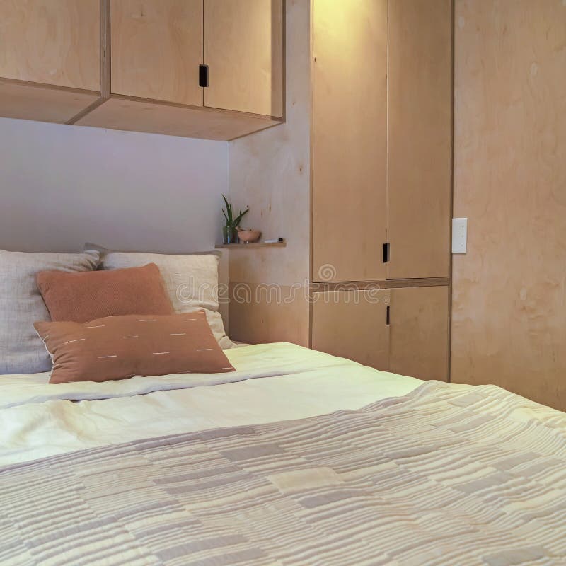 Square Frame Bedroom Interior of Home with Built in Cabinets Over and ...