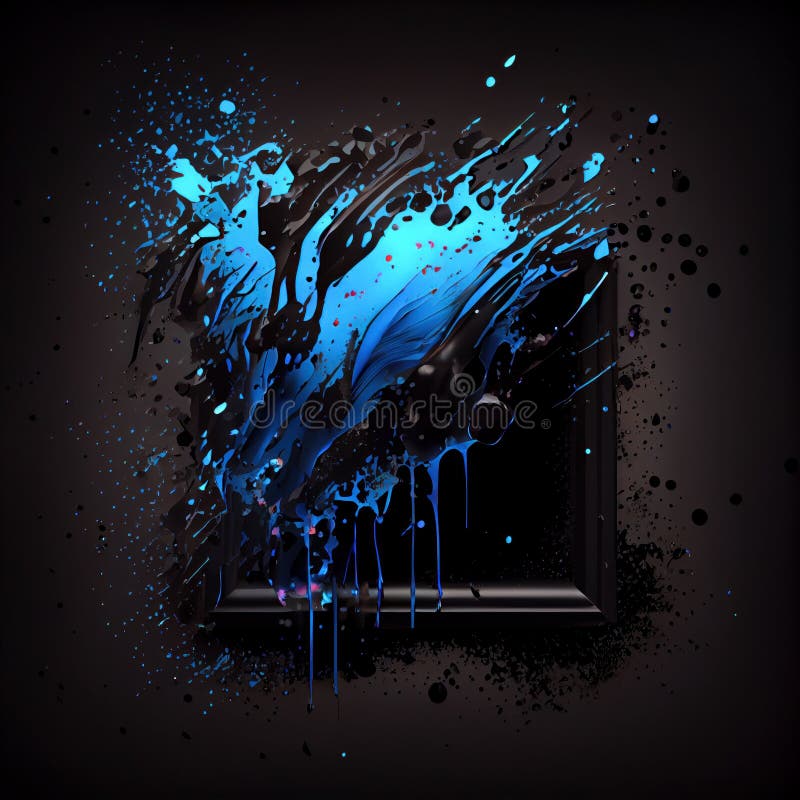 A Square Frame with Blue and Black Paint Splashes on Black Background ...