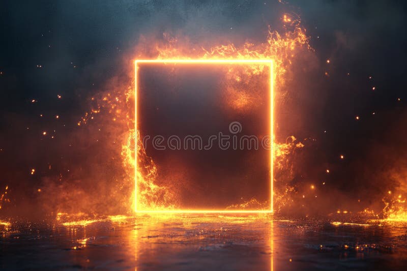 Square Frame Burning in Intense Flames with Smoke and Sparks Over Wet ...