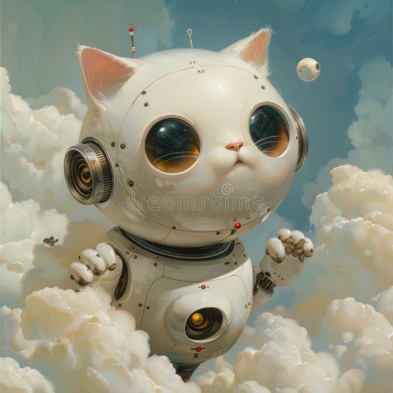 Square Frame Capturing the Curious Gaze of a White Robot Cat, Floating ...