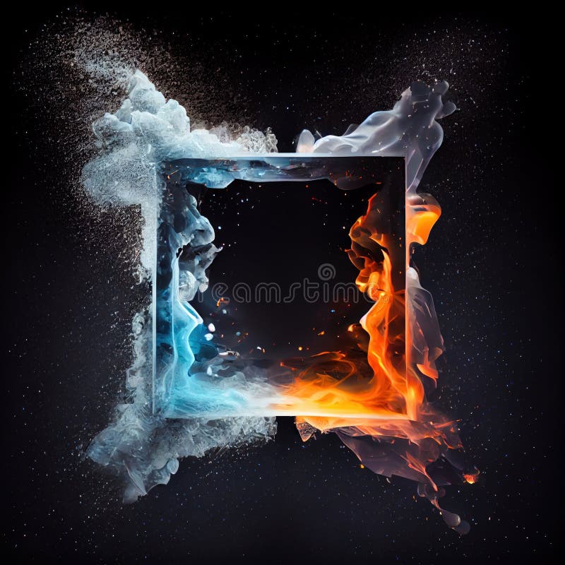 A Square Frame in the Clash of Ice and Fire on Black Background. Stock ...