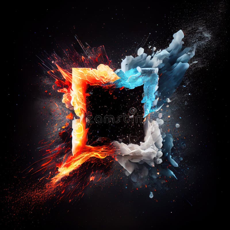 A Square Frame in the Clash of Ice and Fire on Black Background. Stock ...
