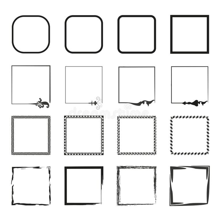 Square Frame Collection. Decorative Border Set. Artistic Outline Elements. Black and White ...
