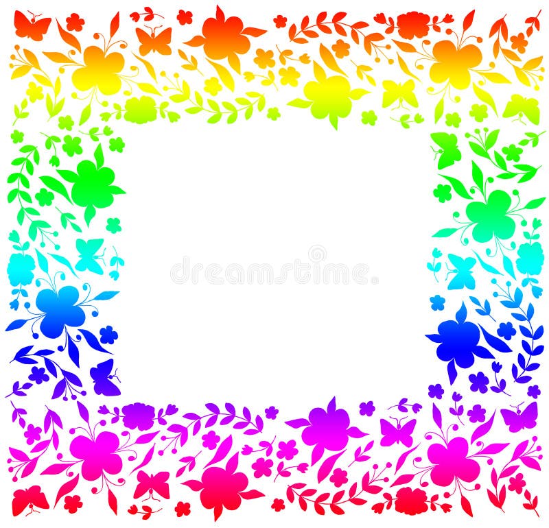 Square Frame with Colorful Flowers on White Background. Rainbow Stock ...