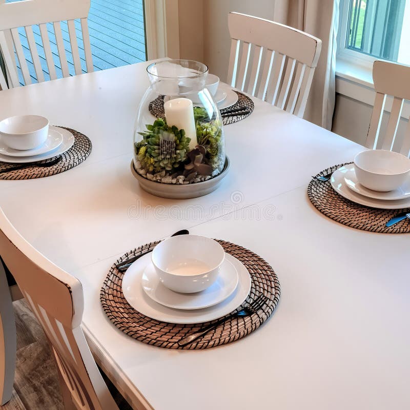 Square Frame Dinner Table Setting with Tableware on Placemats Arranged ...