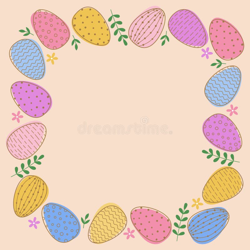 Square Frame of Easter Decorated Eggs and Leaves. Colorful Eggs on Pink ...