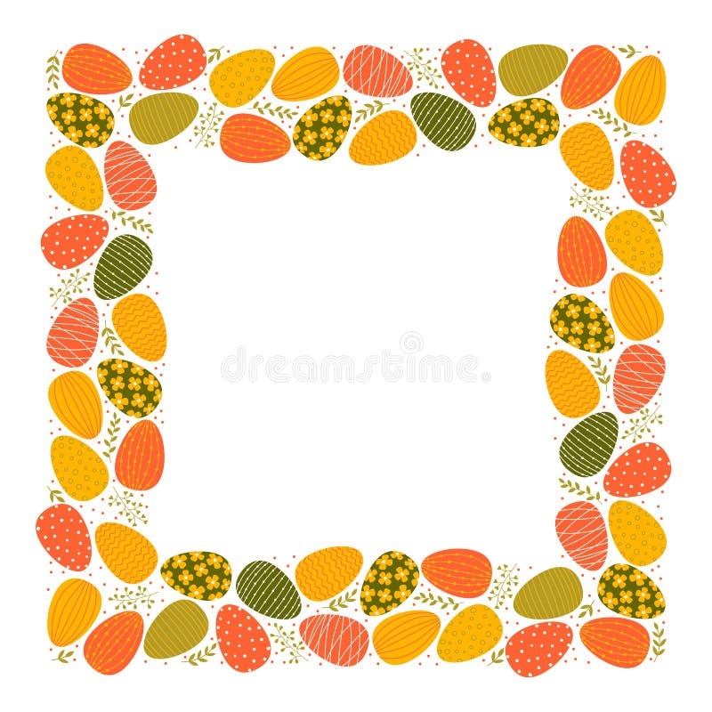 Square Frame of Easter Decorated Eggs and Leaves. Yellow, Red and Green ...