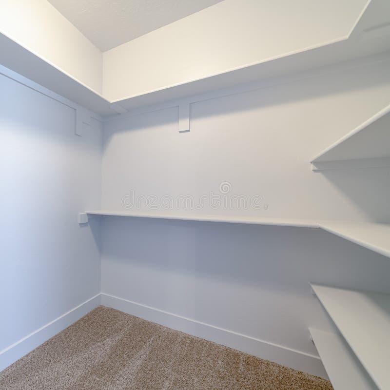 Square Frame Empty White Shelves Inside a Walk in Cupboard Stock Photo ...