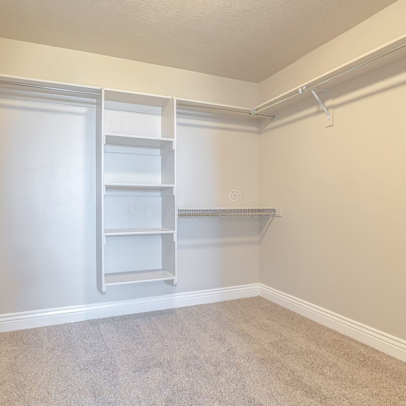 Square Frame Empty White Walk in Closet with Bare Shelving Stock Image ...