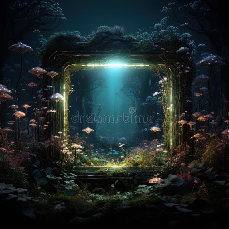 Square Frame of an Enchanted Forest Scene Bioluminescent Plants ...