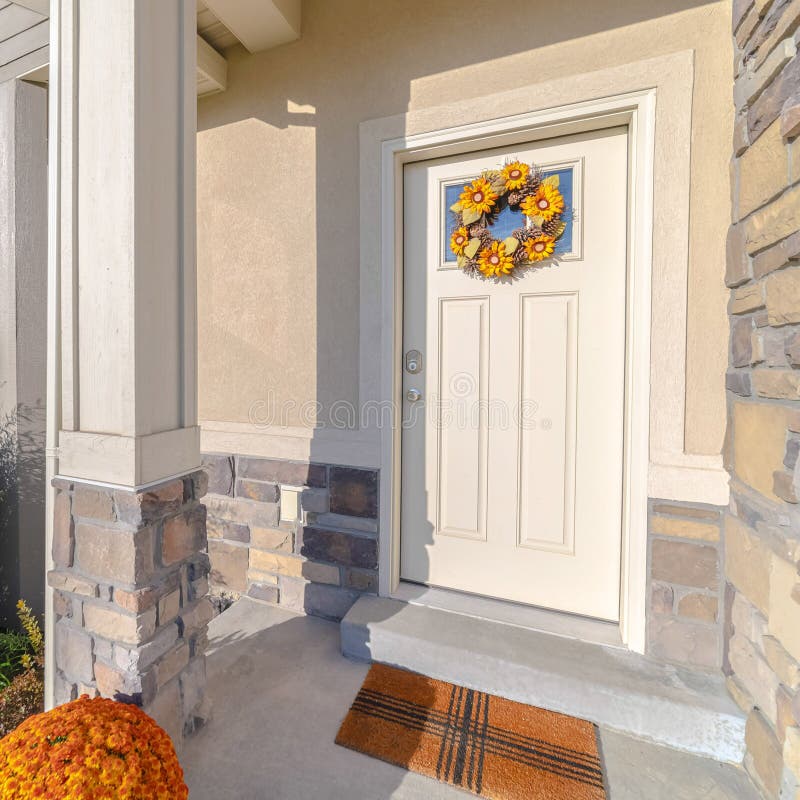 Square Frame Front Door of Modern Home with Sunflower Wreath Stock ...