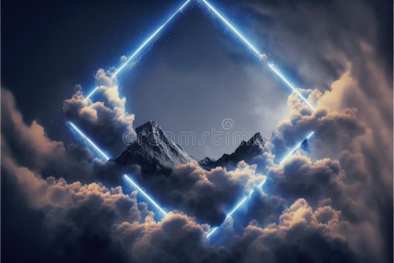 Square Frame Glowing Frame with Neon Light in the Sky with Cloud and ...