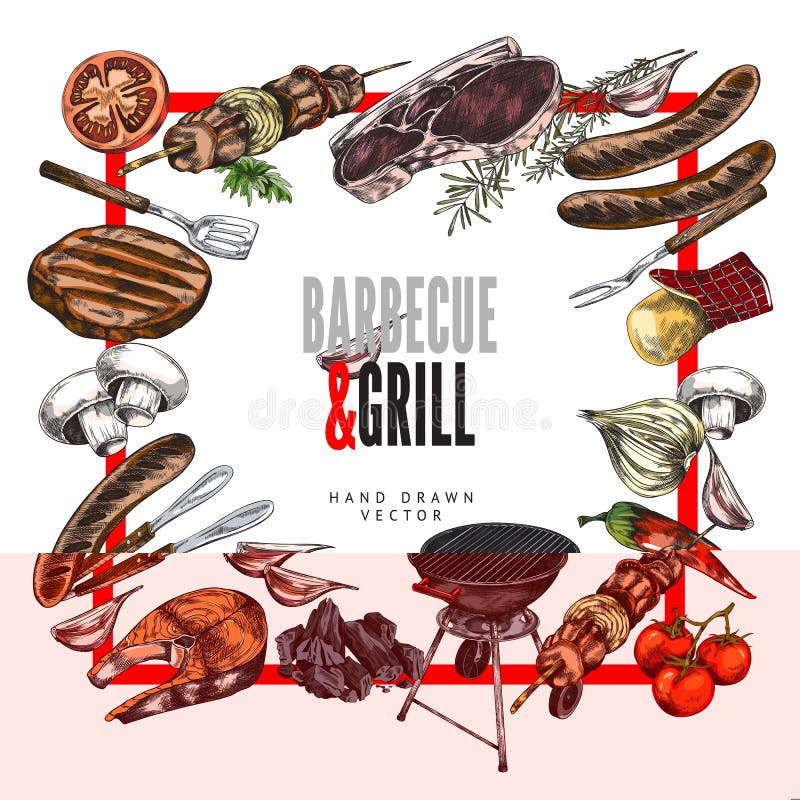Square Frame with Grilled Meat and Sausages, Engraving Vector ...