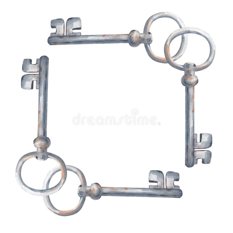 A Square Frame of Hand-painted Watercolor Old Keys. Rusty Iron Door ...