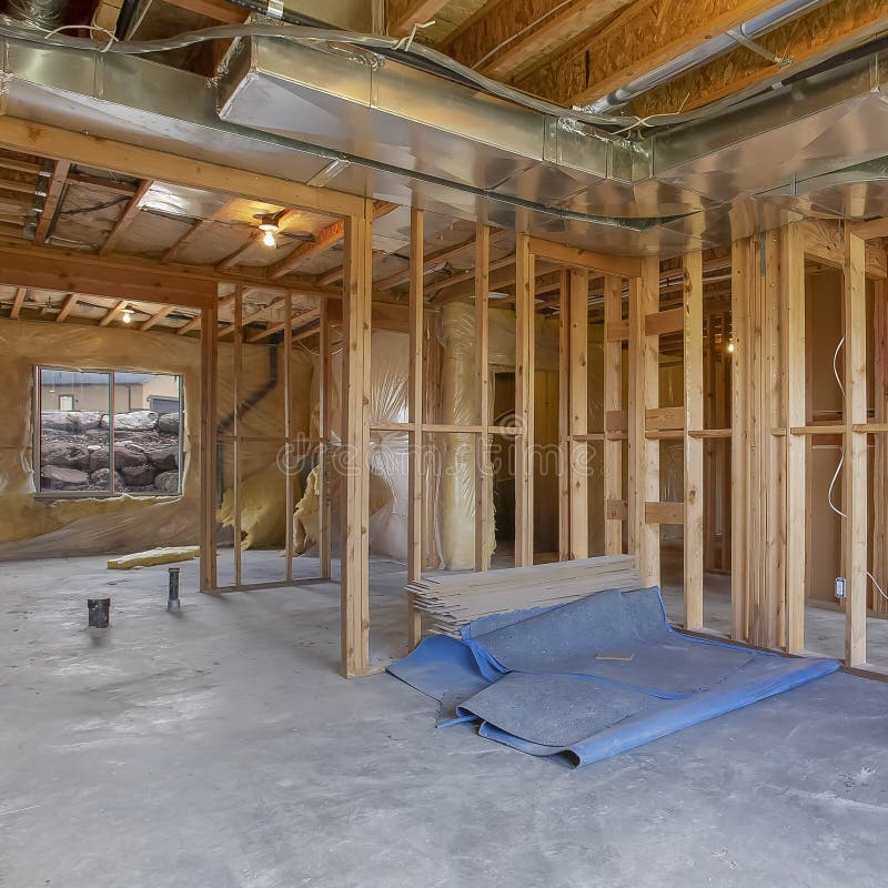 Square Frame House Interior Under Construction with Air Conditioning ...