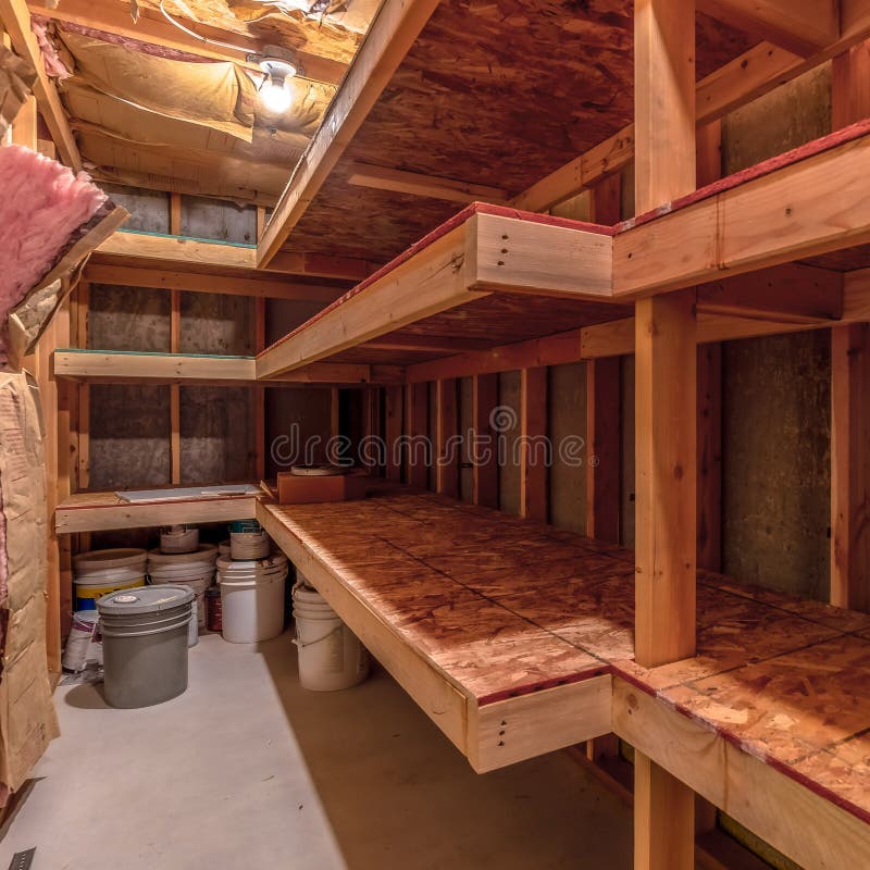 Square Frame Interior of Food Cold Storage with Wooden Racks and ...