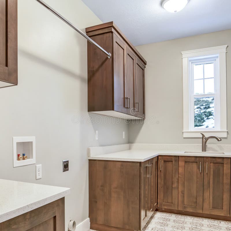 Square Frame Kitchen Interior with Brown Wooen Cabinets White ...