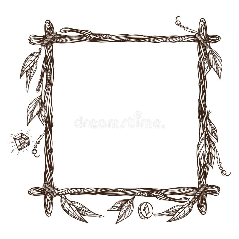 Square Frame Made of Branches with Feathers and Leaves. Decorative ...