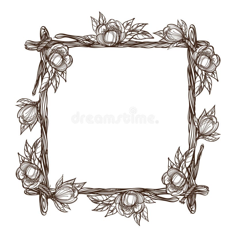Square Frame Made of Branches with Lush Flowers. Decorative Outline ...