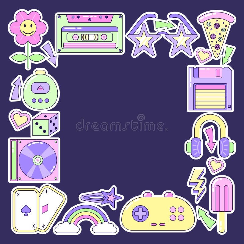 Square Frame Made of 90s Style Elements. Multicolored Elements on Dark ...