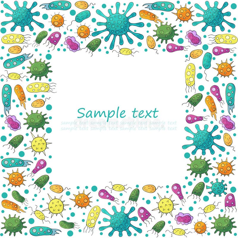 Square Frame Made of Vector Elements. Set of Cartoon Microbes in Hand ...