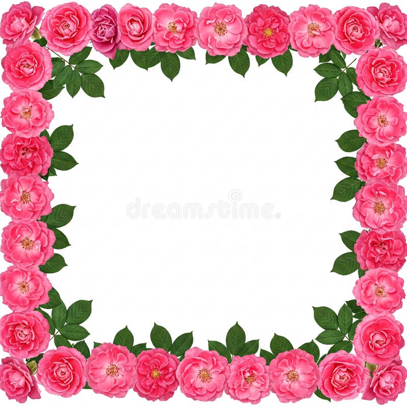 Square Frame of Pink Roses and Green Leaves Isolated on a White Stock ...