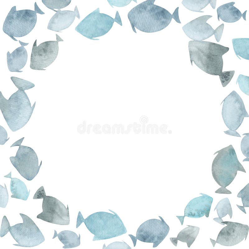 Square Frame with a School of Fish. Simple Stylized Watercolor ...