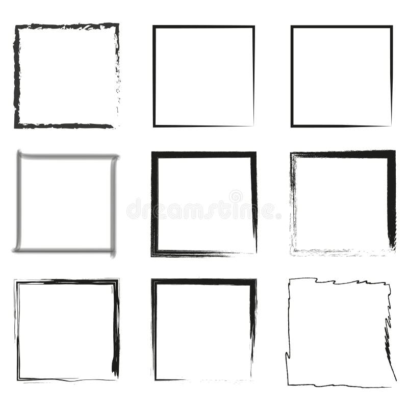Square Frame Set. Brush Stroke Texture. Grayscale Border Detail. Vector ...