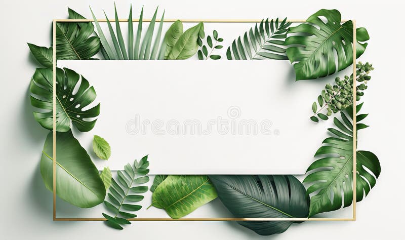 A Square Frame Surrounded by Tropical Leaves and Greenery on a White ...