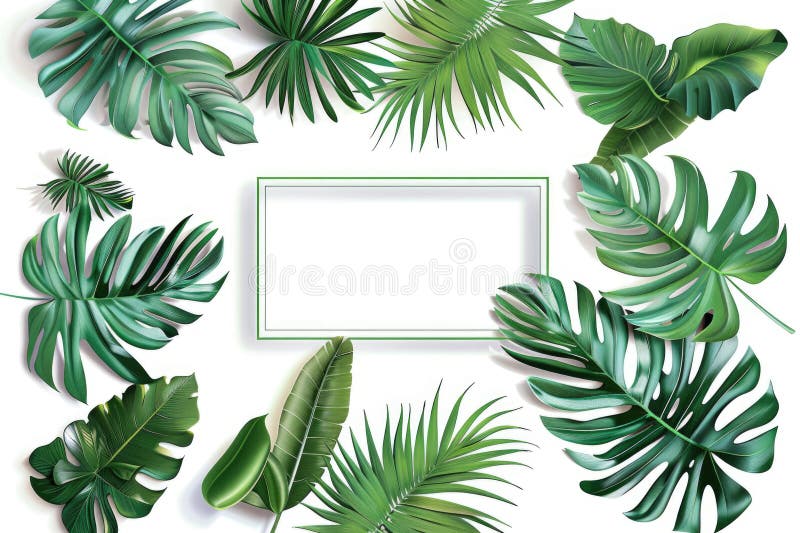 Square Frame Surrounded by Tropical Leaves on a White Background ...