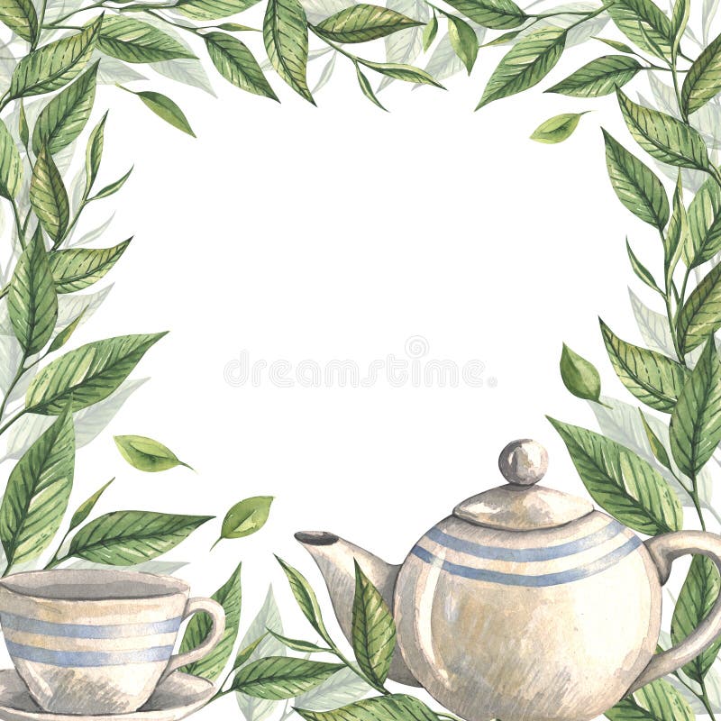 Square Frame with Teapot, Cup and Tea Leaves. Stock Illustration ...
