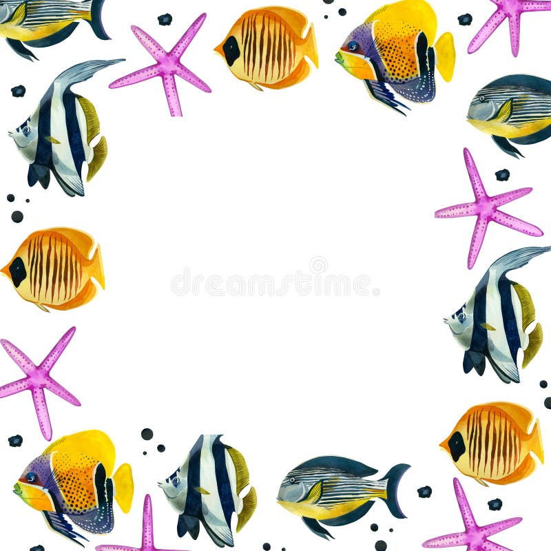 Square Frame. Tropical Fish of Bright Colors, Starfish and Drops on a ...