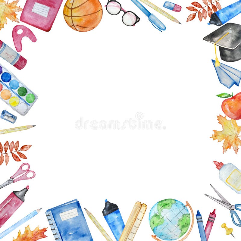 Square Frame with Watercolor School Supplies, Back To School Copy Space ...