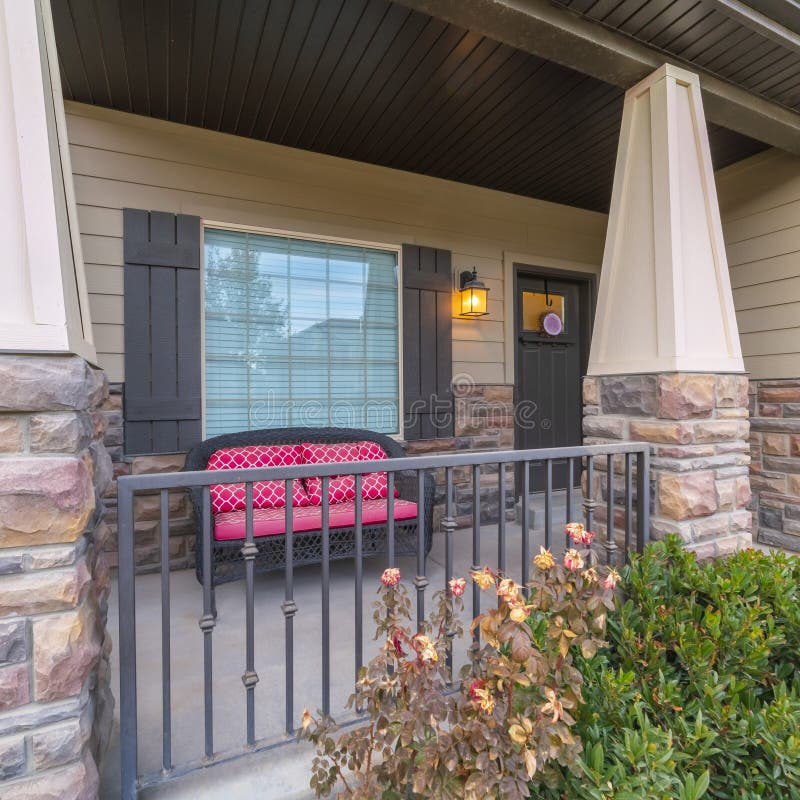 Square Front Veranda with Colourful Red Bench Day Light Stock Image ...