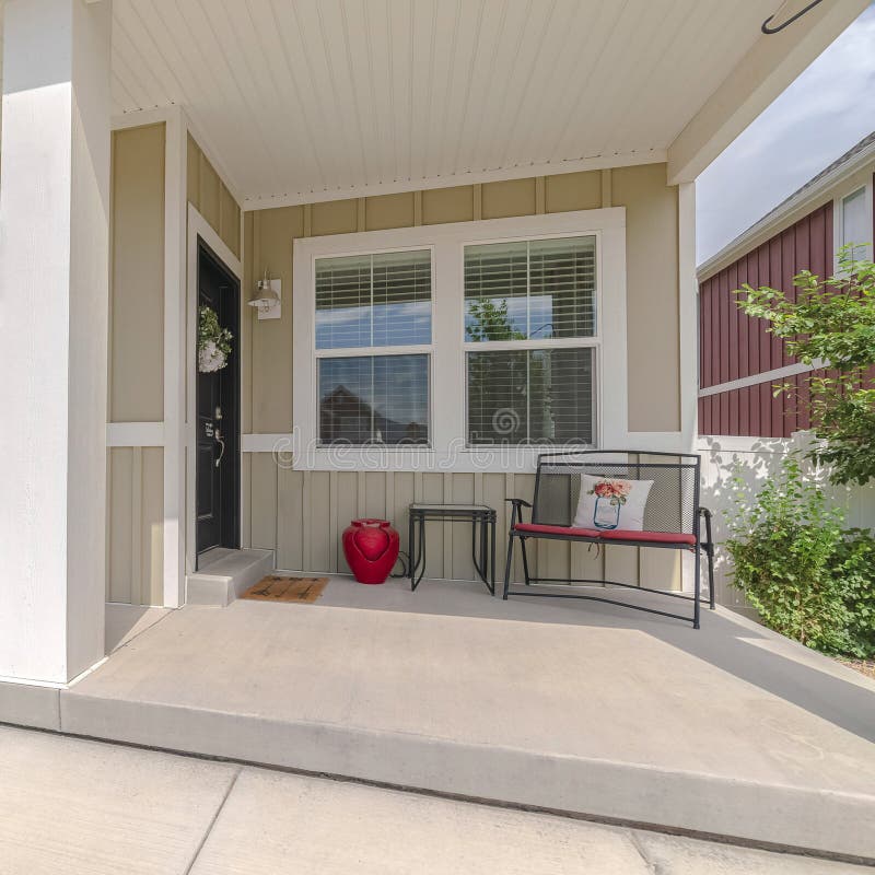Square Front Veranda of Modern Home with Welcome Sign Stock Photo ...